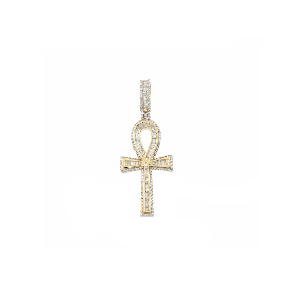 Yellow gold baguette diamond egyptian ankh cross pendant