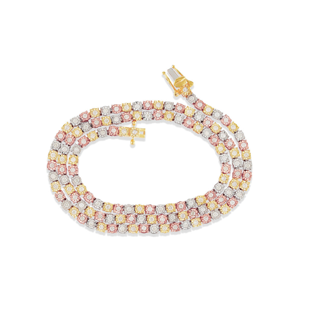 Yellow, white and rose gold round diamond illusion chain