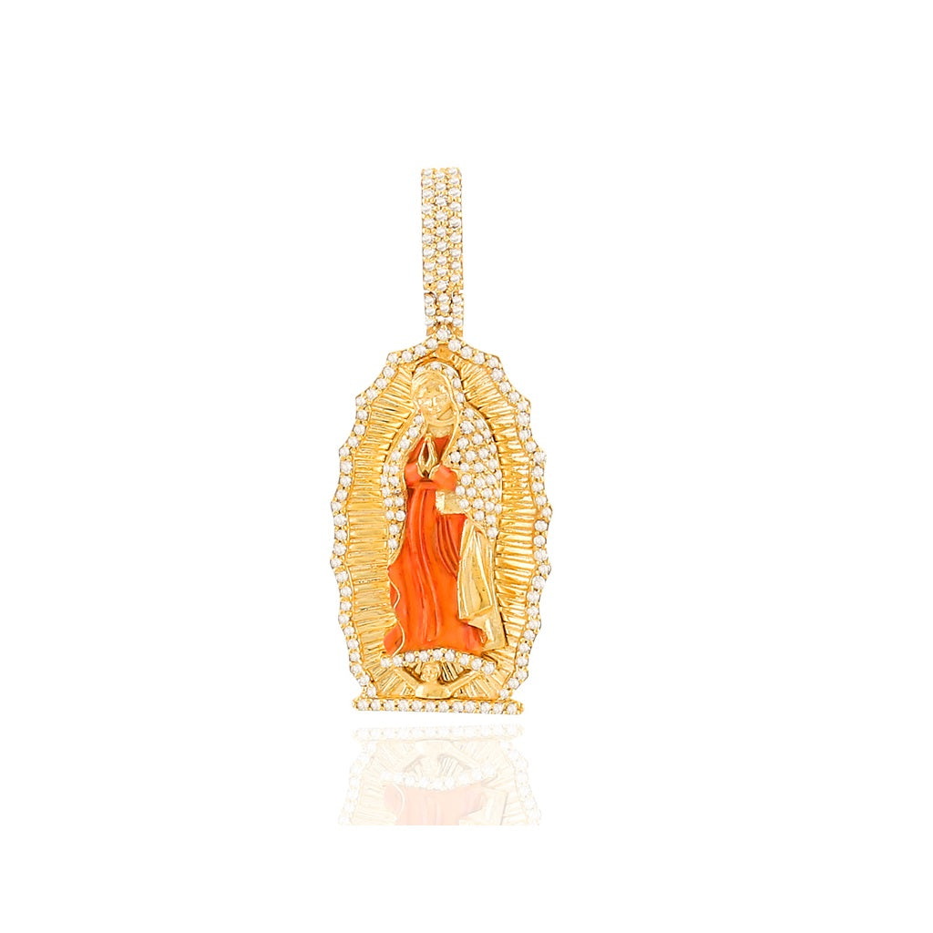 Yellow gold mother mary pendant with diamond