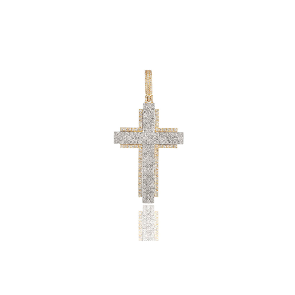 Yellow gold round diamond double layer cross pendant