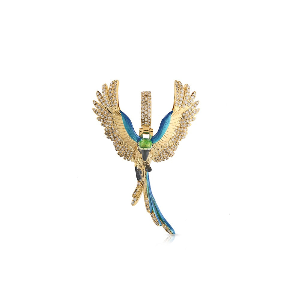 Yellow gold round diamond parrot pendant