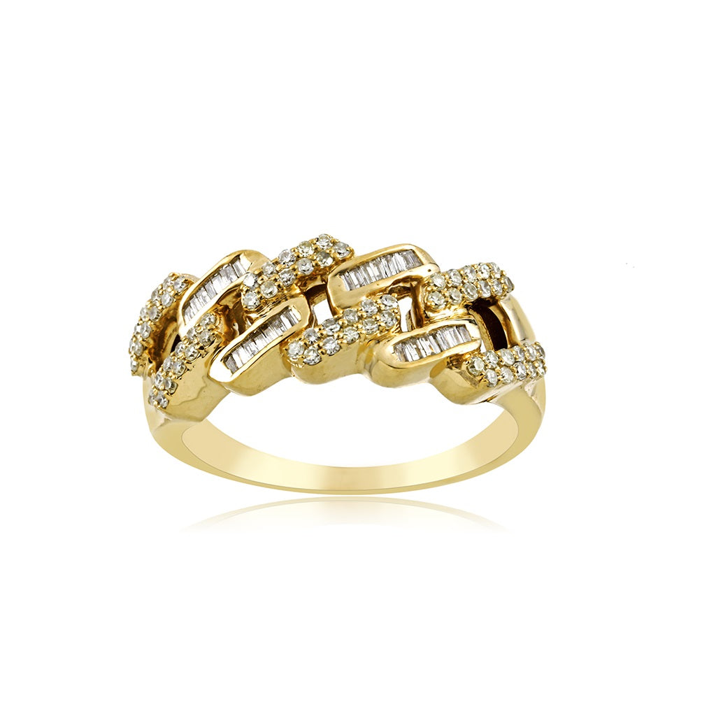 Yellow gold round and baguette diamond cuban link ring